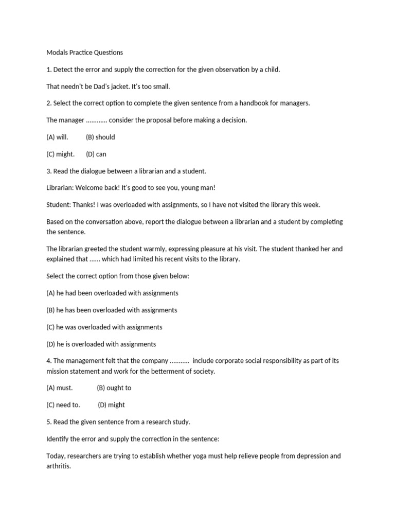 Modals Practice Questions for Students | PDF | Chess Theory