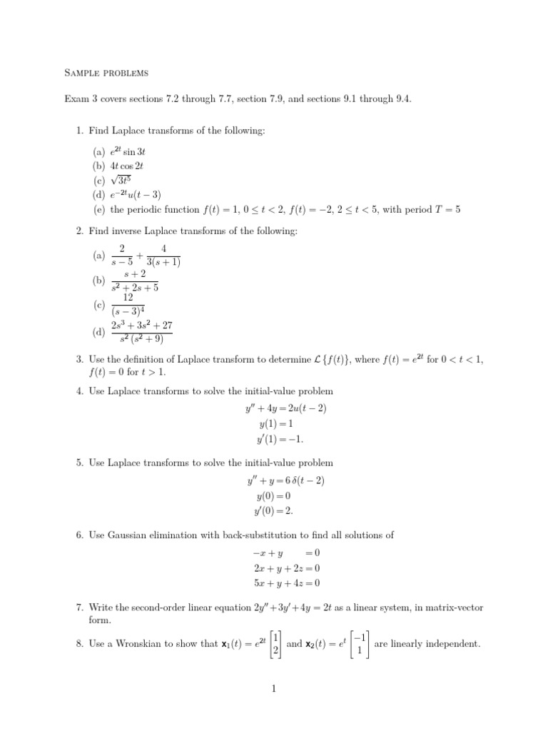 Exam 3 Sample Problems | PDF | Differential Equations | Algebra