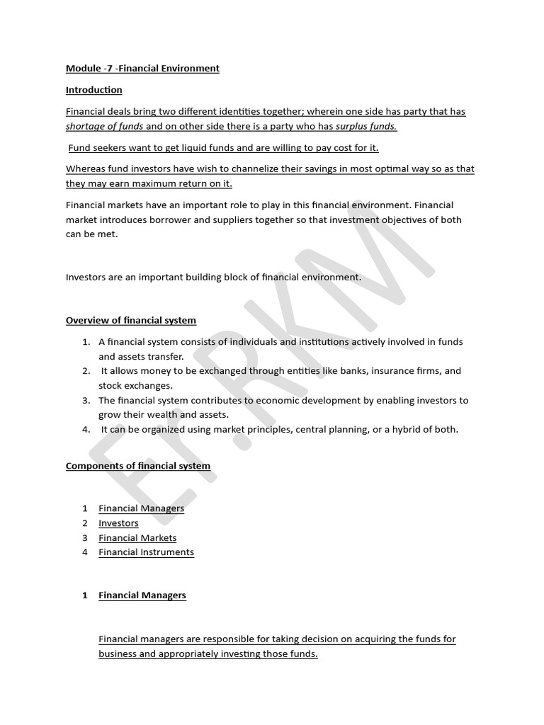 Financial Environment Overview and Roles | PDF | Financial Markets ...