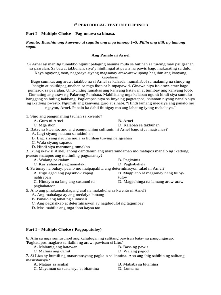 PT - FILIPINO 3 - Q1 MATATAG With TOS KEY | PDF