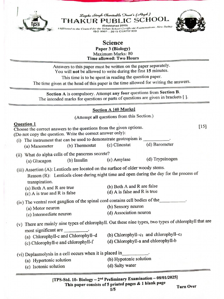 24-25 X Biology TPS | PDF