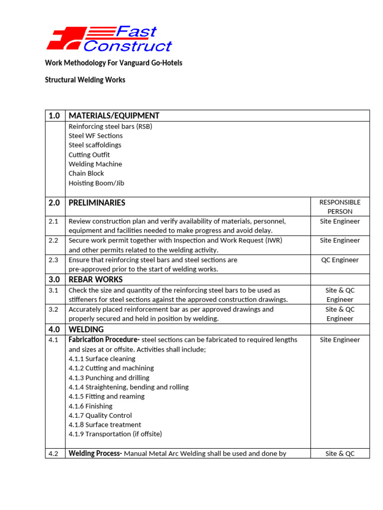 Work Methodology For Welding Works | PDF | Welding | Construction