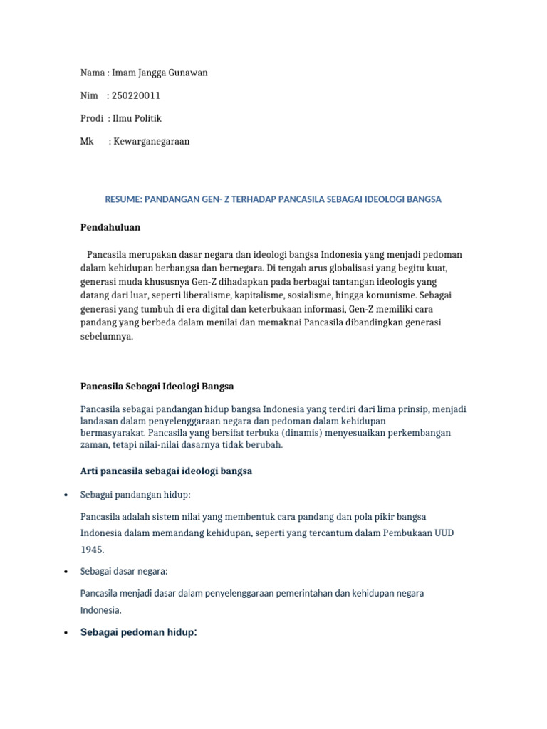 Resume Pancasila GenZ | PDF