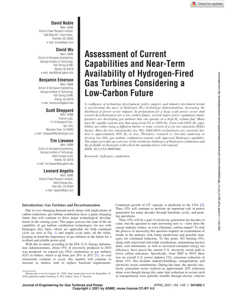 Assessment of Current Capabilities and Near-Term Availability of Hydrogen-Fired Gas Turbines ...