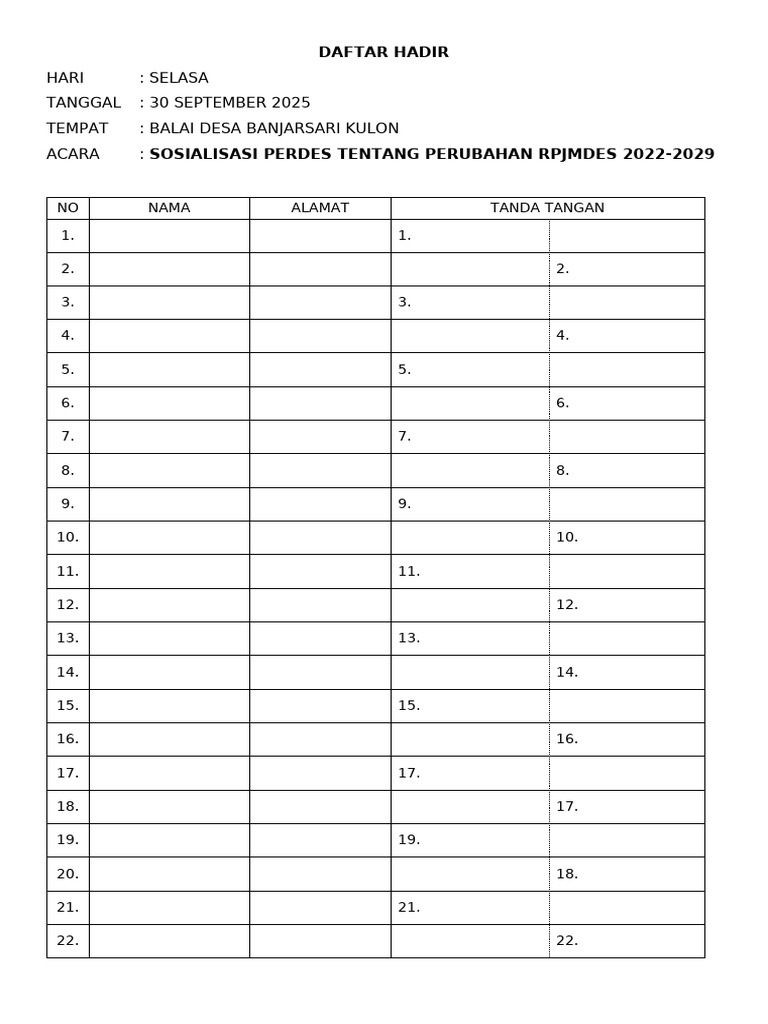 Contoh Daftar Hadir Kegiatan | PDF