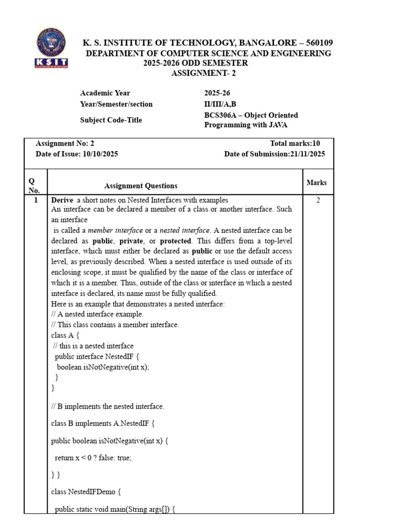 AssignmentScheme 2 JAVA BCS306A | PDF | Interface (Computing ...