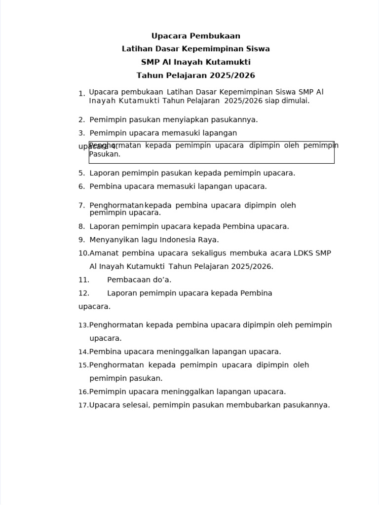 Upacara LDKS SMP Al Inayah 2025/2026 | PDF