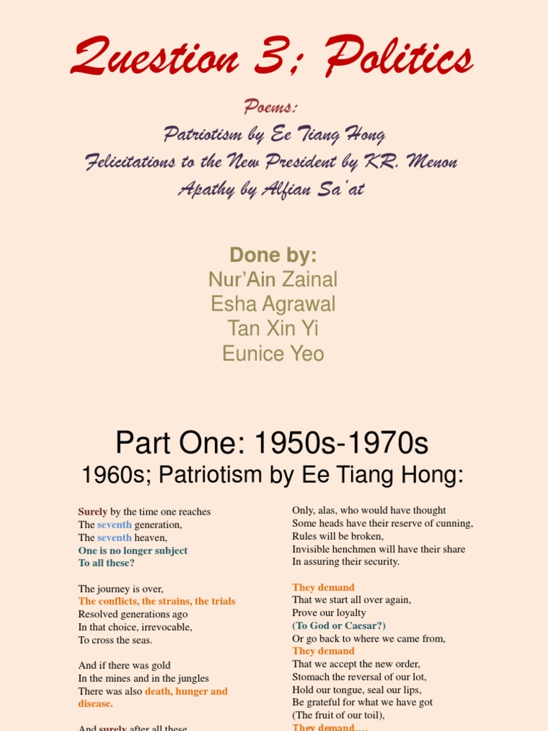 Question 3 Politics: Patriotism by Ee Tiang Hong Felicitations To The ...
