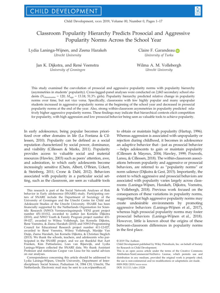 Classroom Popularity Hierarchy Predicts Prosocial | PDF | Aggression ...