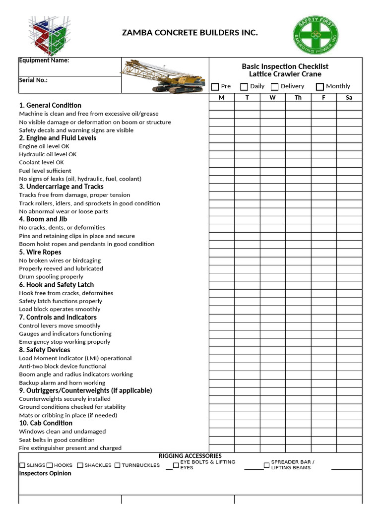 Daily Inspection Checklist for Cranes | PDF