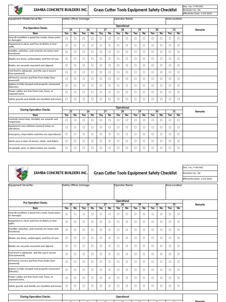 Grass Cutting Tools Checklist | PDF | Equipment | Manufactured Goods