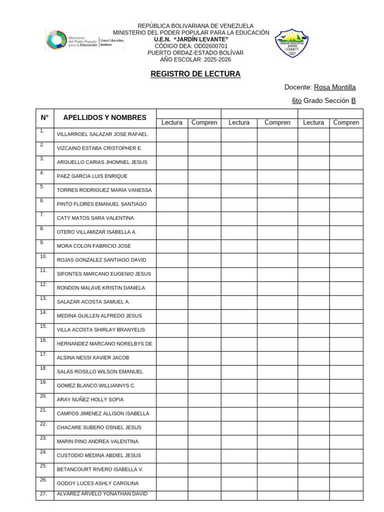 Registro de Lectura 6to Grado 2025-2026 | PDF