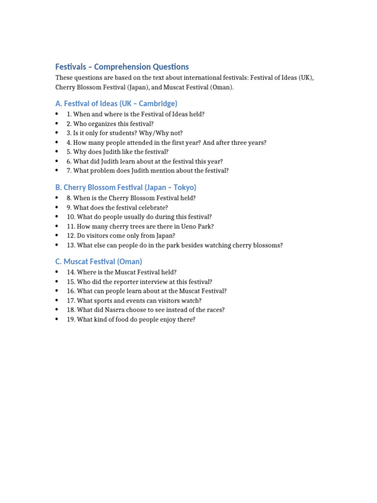 Festivals Comprehension Questions | PDF