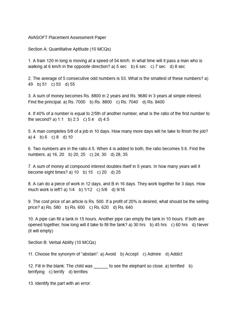 AVASOFT Placement Assessment Guide | PDF | Integer (Computer Science ...