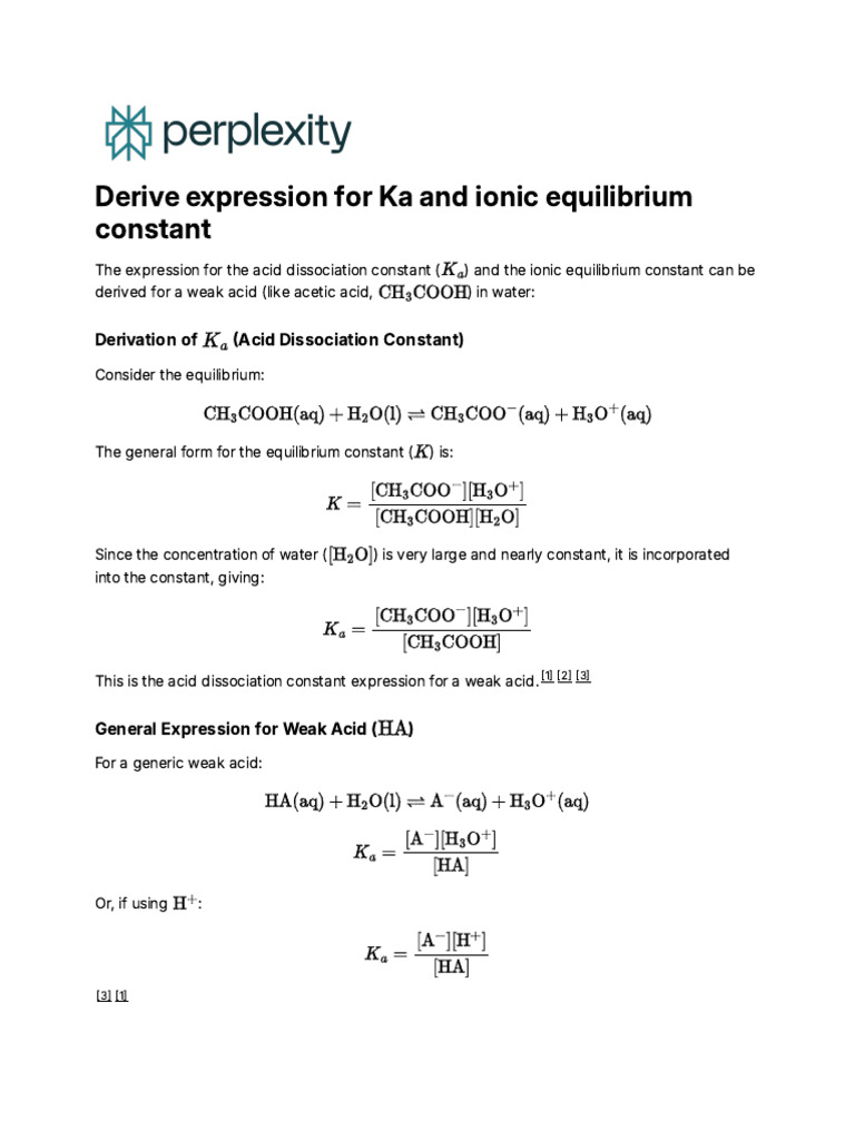Deriving Ka for Weak Acids | PDF | Chemical Equilibrium | Dissociation ...