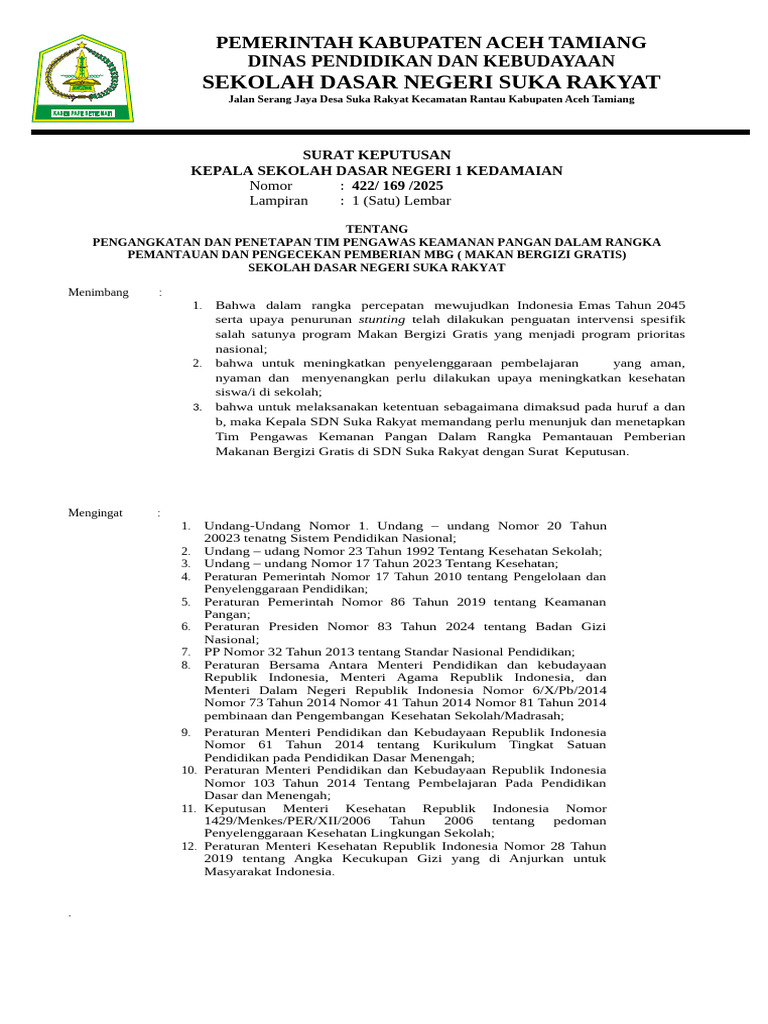 SK Tim Pengawas MBG SDN Suka Rakyat | PDF