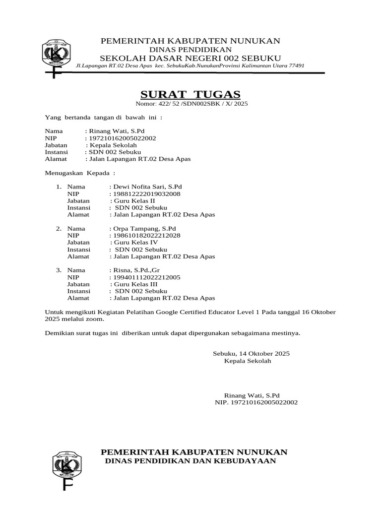 Surat Tugas Pelatihan SDN 002 Sebuku | PDF