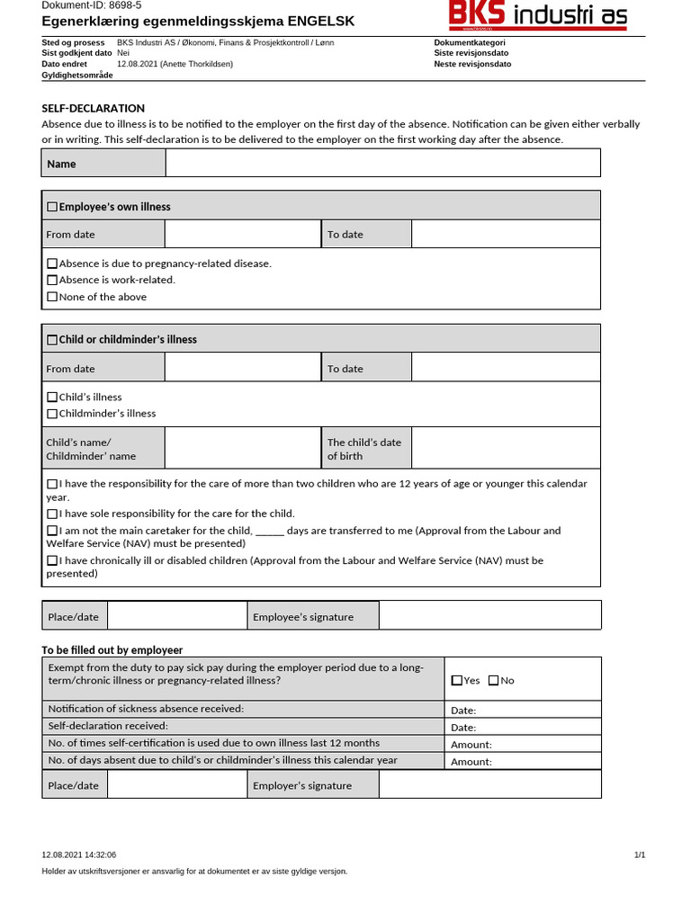 Self-Declaration for Sick Leave Form | PDF | Social Policy | Labor
