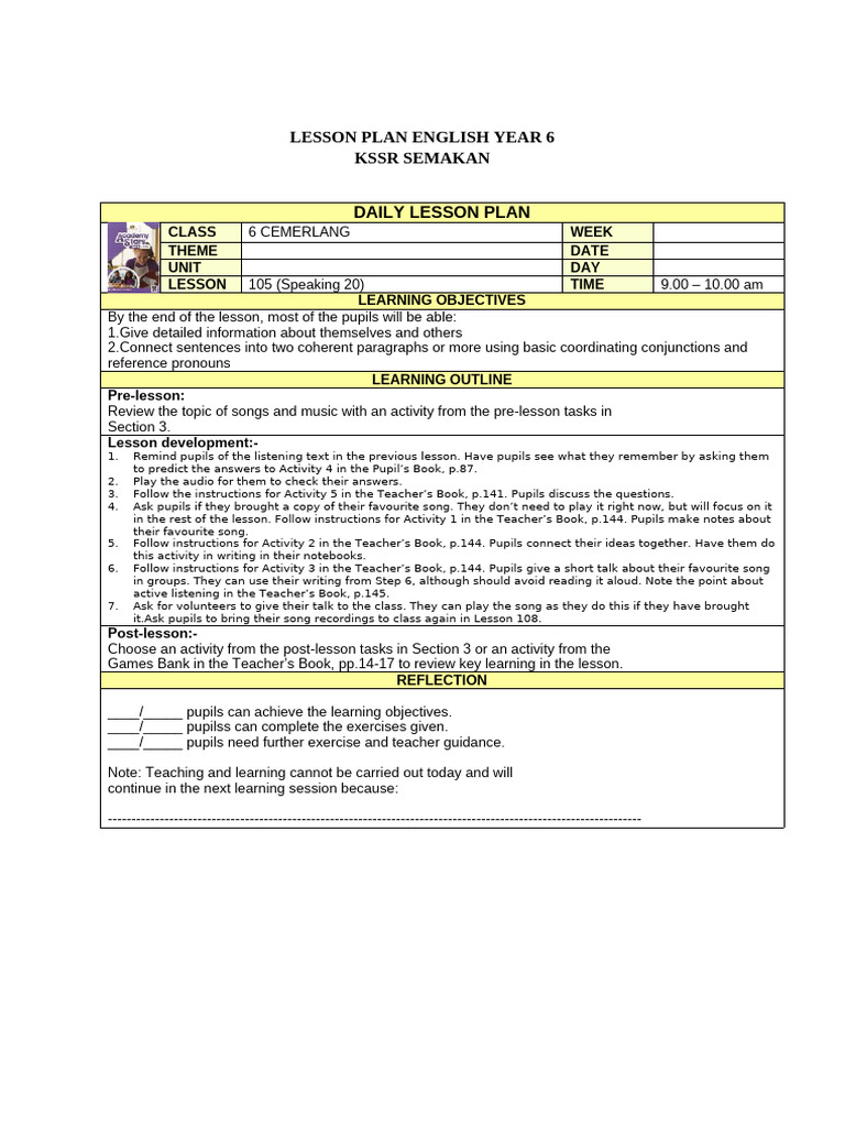 Lesson Plan English Year 6 | PDF | Lesson Plan | Teachers