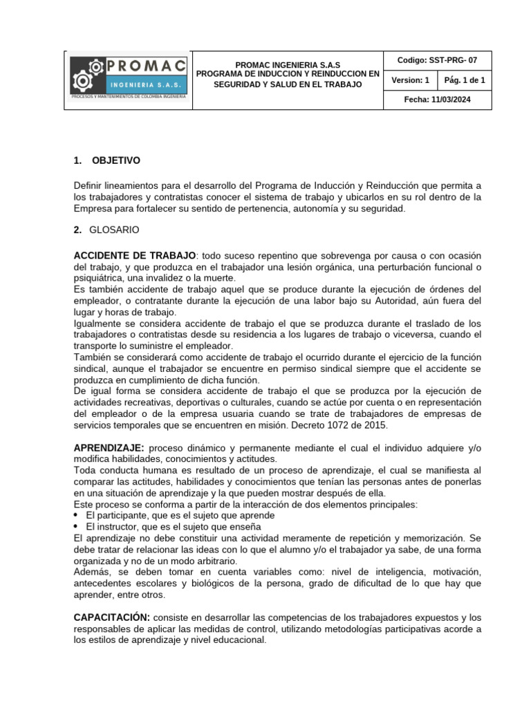 SST-PRG-1010 - Programa Induccion y Reinduccion | PDF | Seguridad y salud ocupacional