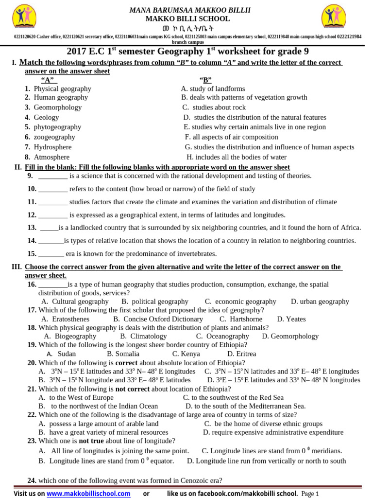 Grade 9 Geography Worksheet Guide | PDF | Geography | Longitude