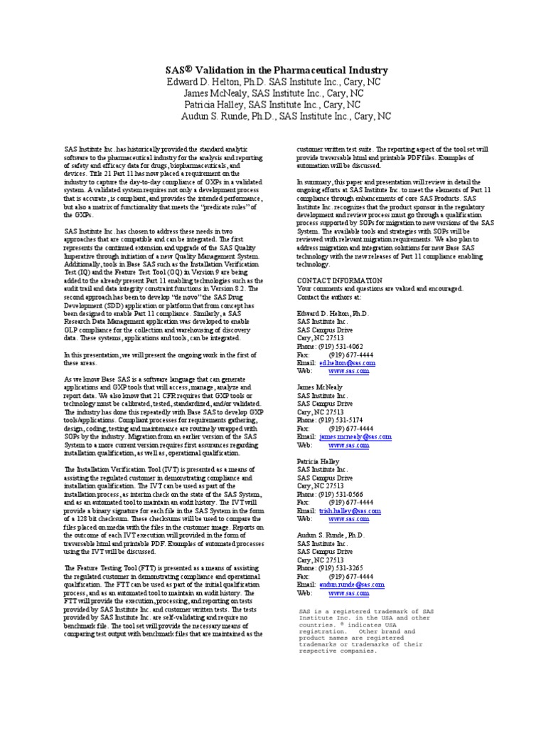 Sas & Pharmaceutical | PDF | Sas (Software) | Verification And Validation