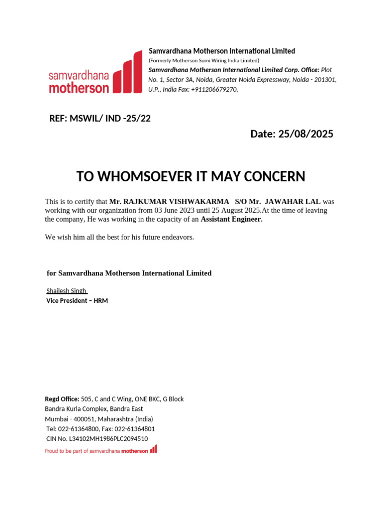 Mother Experienece Letter Rajkumar | PDF