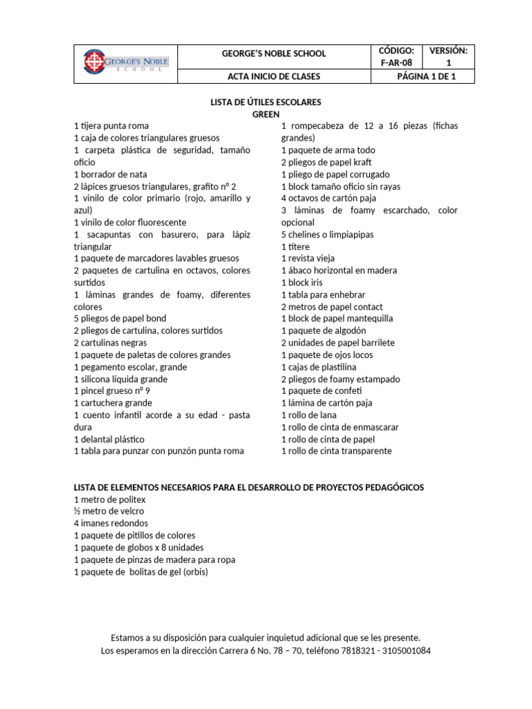 Lista de Útiles - Green | PDF | Lápiz | Papelería