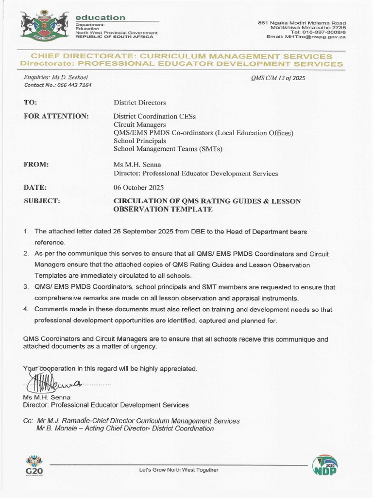 QMS CM 12 of 2025 Circulation of Rating Guides and Lesson Observation ...