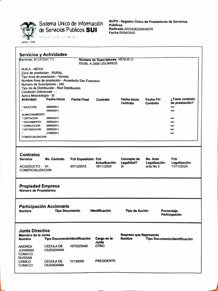 Acueducto San Francisco: Servicios Rurales Huila | PDF