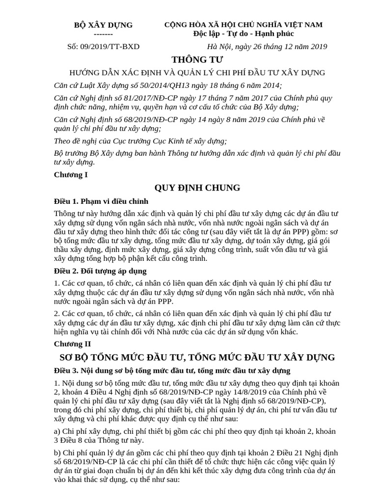 Thong Tu 09-2019-TT-BXD Huong Dan Ve Xac Dinh Va Quan Ly Chi Phi Dau Tu ...