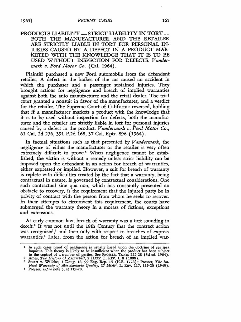 Products Liability - Strict Liability in Tort - Both The Manufact | PDF ...