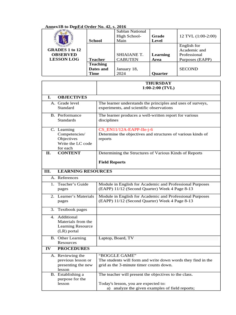 Field Reports Observed | PDF | Teachers | Cognition
