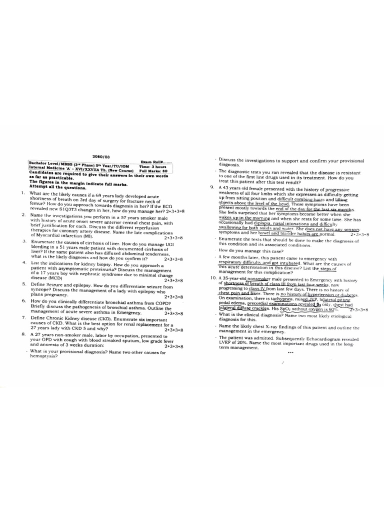 5th Year Final Exams 2080(1) | PDF | Anesthesia | Chronic Kidney Disease