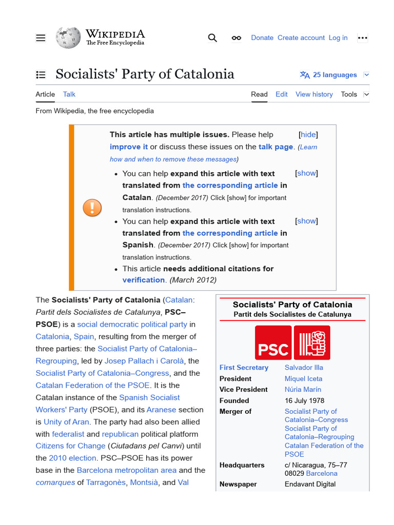 En Wikipedia Org Wiki Socialists' Party of Catalonia | PDF | Catalonia | Politics Of Spain