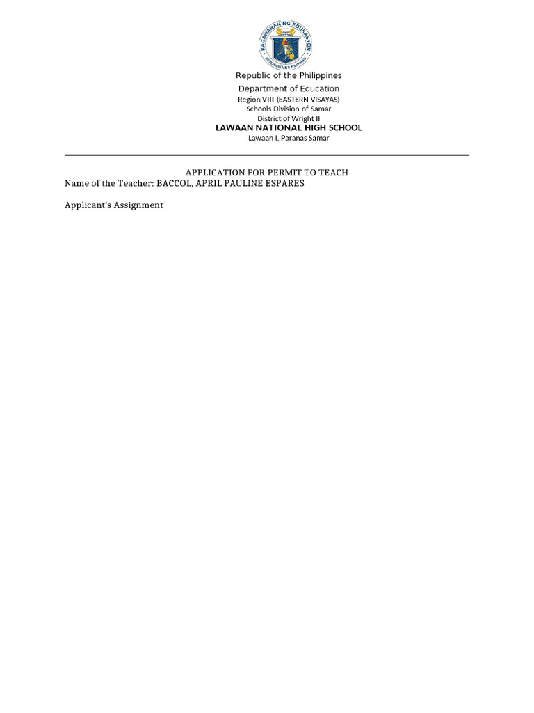 Application for Teaching Permit - Baccol | PDF