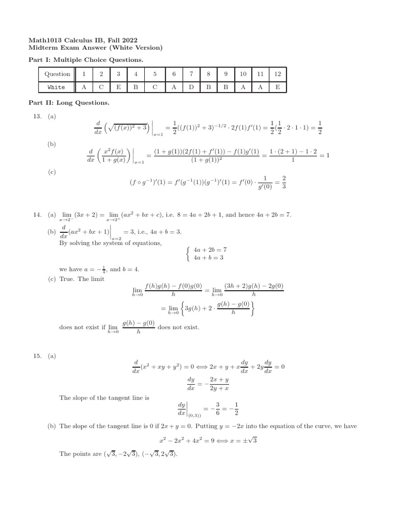 (MATH1013) (2022) (s) midterm~mkyu^ - 78353 - 複製 | PDF | Tangent ...