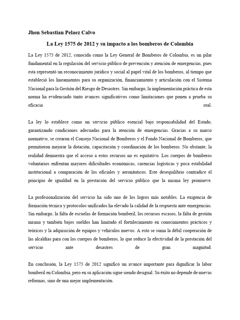 Impacto de la Ley 1575 de 2012 en Bomberos | PDF