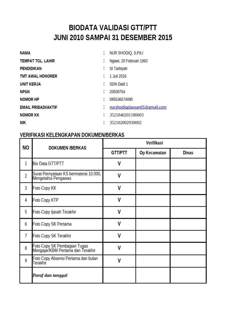 Form Validasi Data GTT-PTT 2021 SDN Dadi 1 Pai | PDF