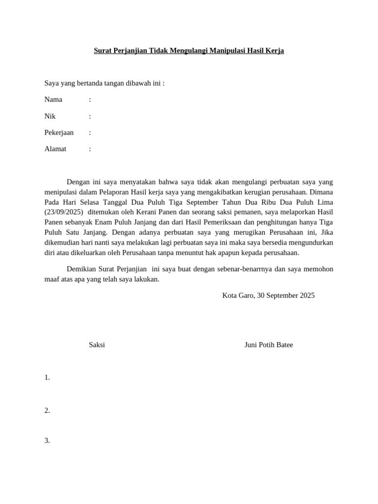 Surat Perjanjian Anti Manipulasi Kerja | PDF