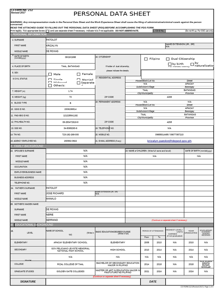 CS Form No. 212 Revised Personal Data Sheet | PDF