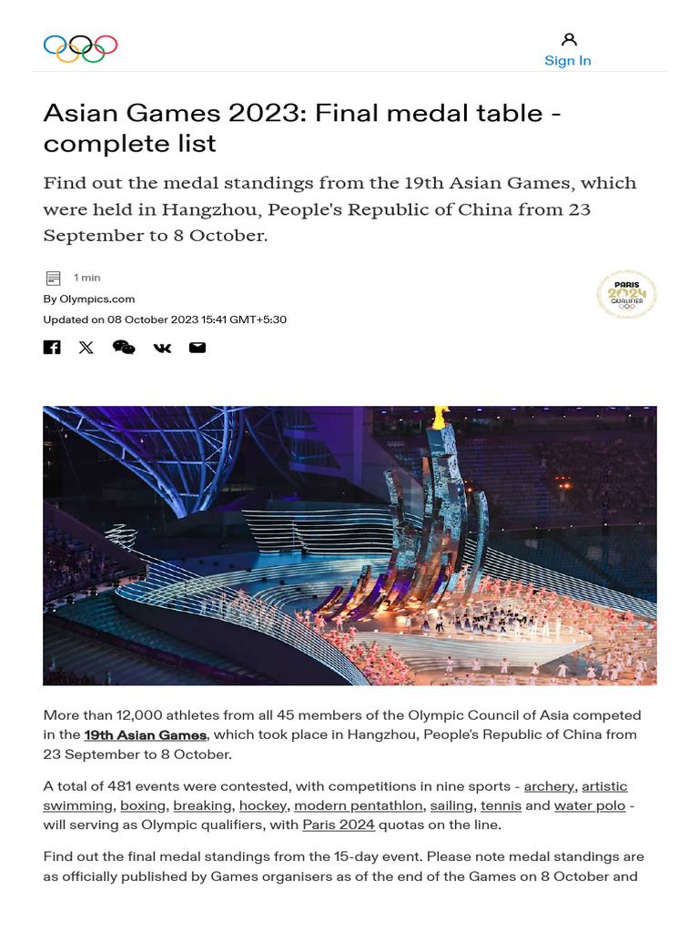 Asian Games 2023: Final Medal Standings | PDF | Olympic Games | Sports