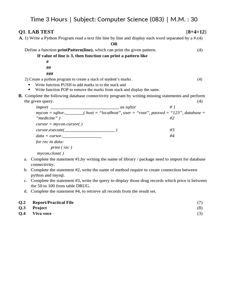 Aissce Computer Science Practicals QP 1 | PDF
