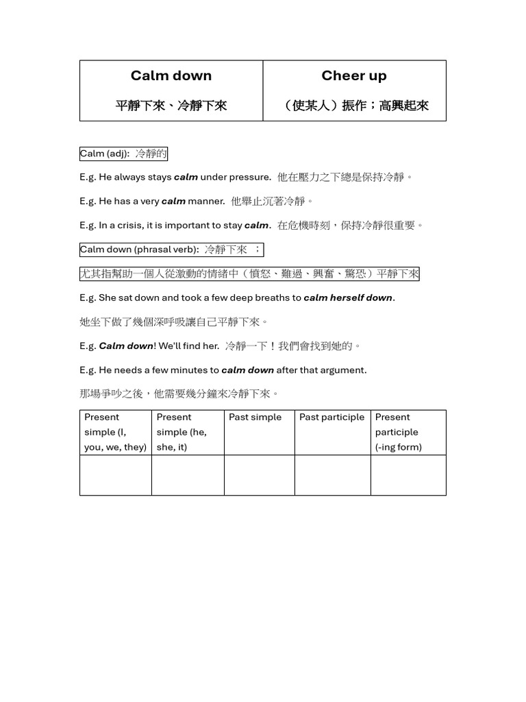 Phrasal Verbs Note - Calm Down+Cheer Up | PDF | Linguistics | Syntax