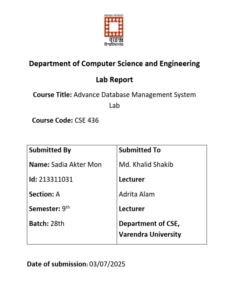 Department of Computer Science and Engineering Lab Report: Advance ...