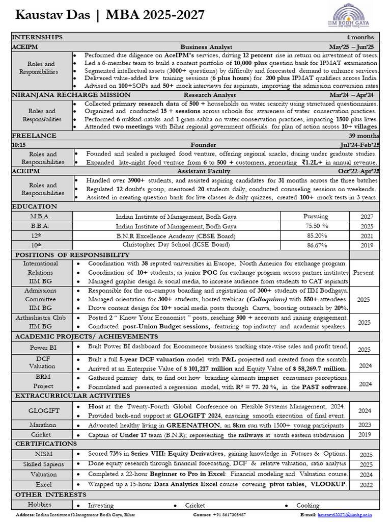 Kaustav Das Mba 3030 11 Resume | PDF | Economies | Business