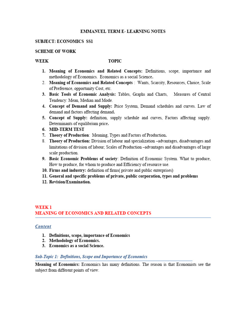 Economics E-Learning Notes for SS1 | PDF | Demand | Economics