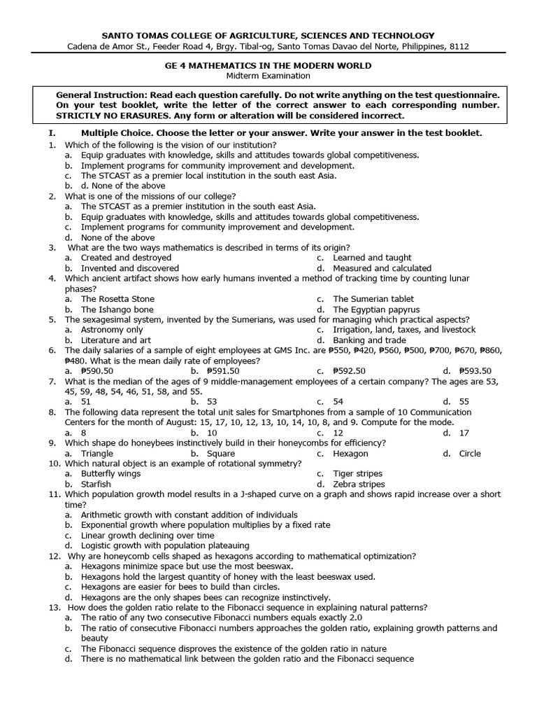Ge 4 Midterm Exam (Bsoa-Bse) | PDF | Mean | Reason