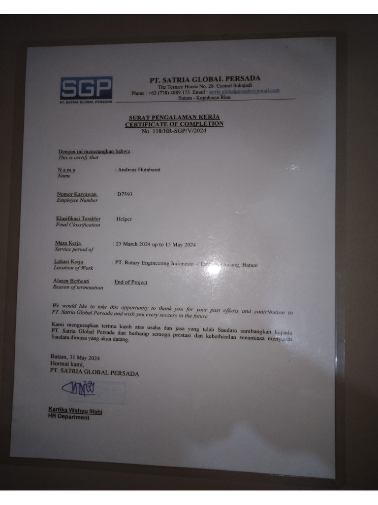 Surat Pengalaman PT. SGP | PDF