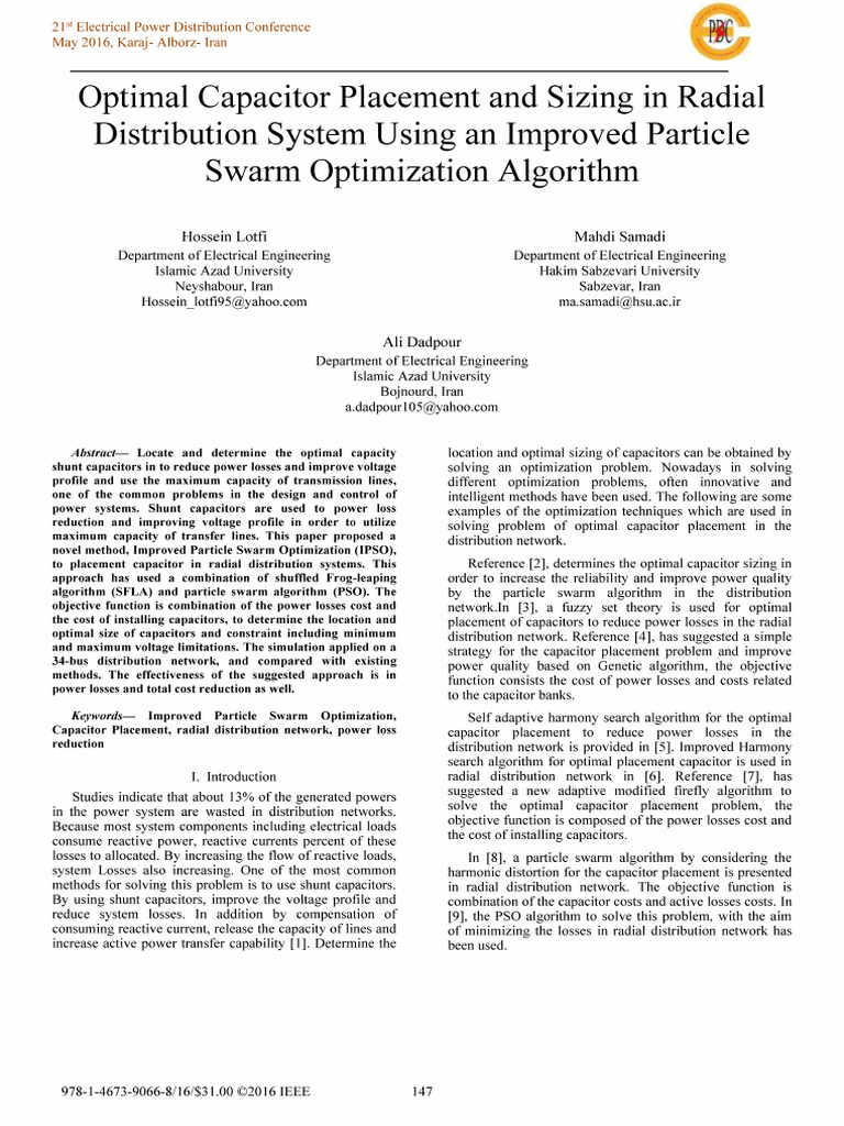 Optimal Capacitor Placement and Sizing in Radial Distribution System Using An Improved Particle ...